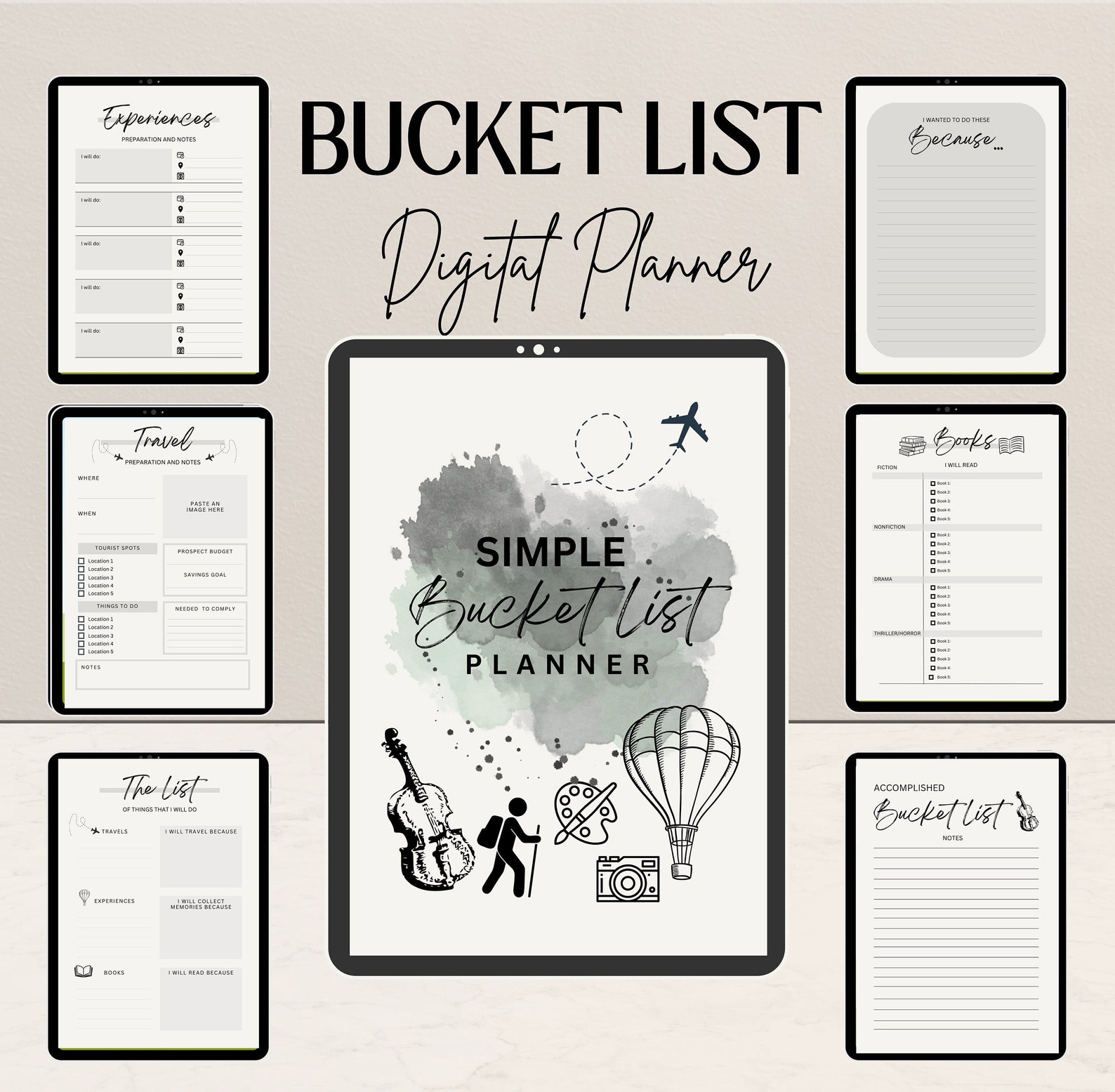 Bucket List Digital Simple Printable Planner, Travel Bucket List, Book ...