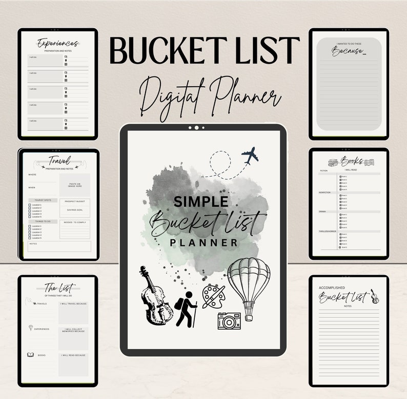 Bucket List Digital Simple Printable Planner, Travel Bucket List, Book ...