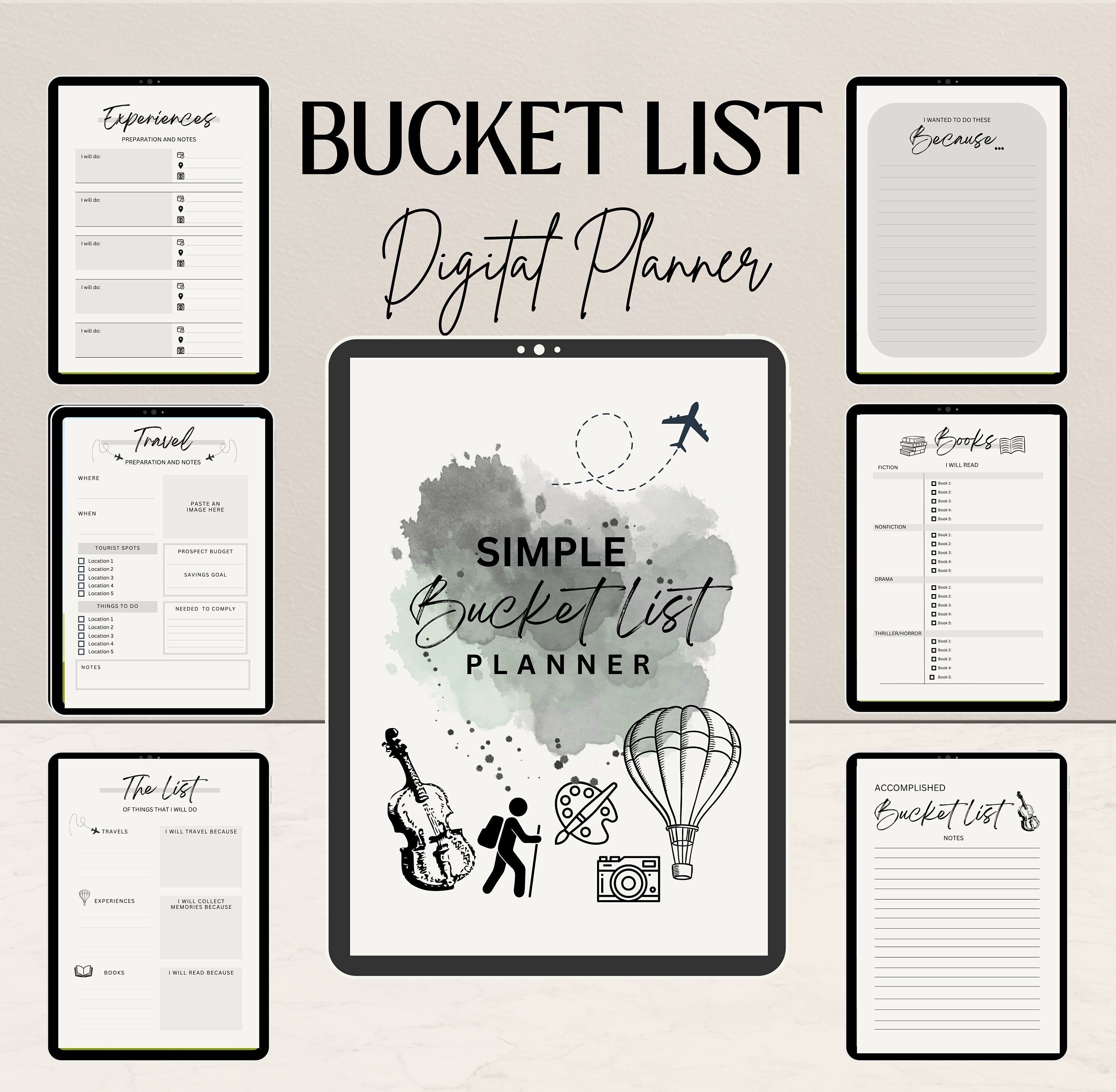 Bucket List Digital Simple Printable Planner, Travel Bucket List, Book ...