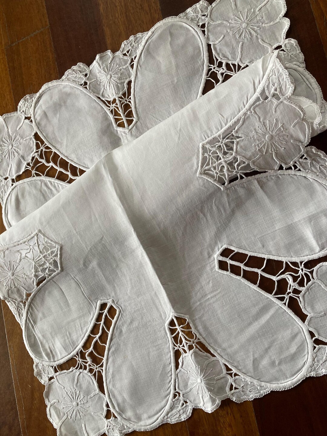 Stunning Antique White Linen Pansy Hand Embroidered Traycloth or Chest Cover With Extensive ...