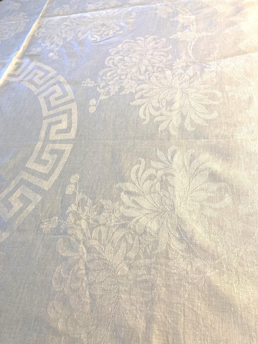 Stunning Vintage Large Square White Linen Damask Greek Key and ...