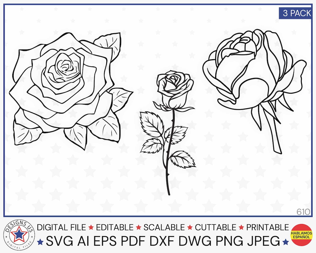 3 ROSES SVG Pack, Rose Flower Svg, Rose Clipart, Rose PNG, Rose Outline ...