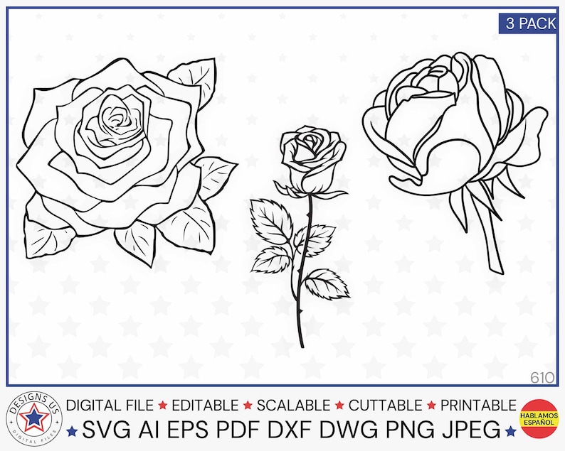 3 ROSES SVG Pack, Rose Flower Svg, Rose Clipart, Rose PNG, Rose Outline ...
