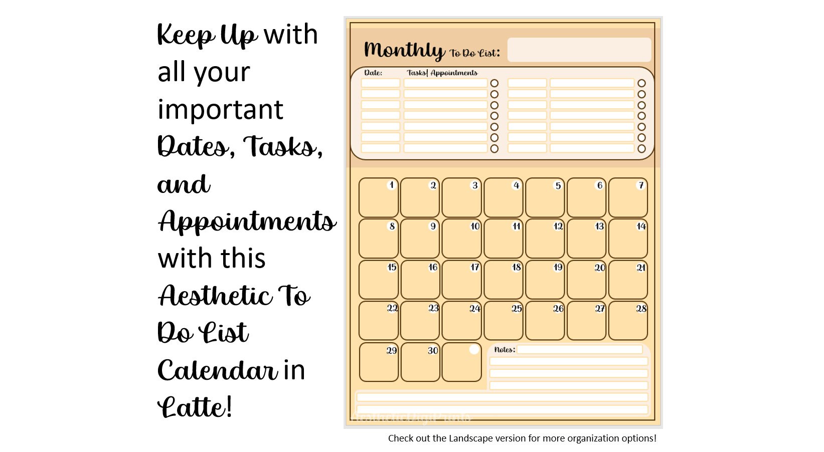 Aesthetic Monthly to Do List Portrait in Latte beige Digital Download ...
