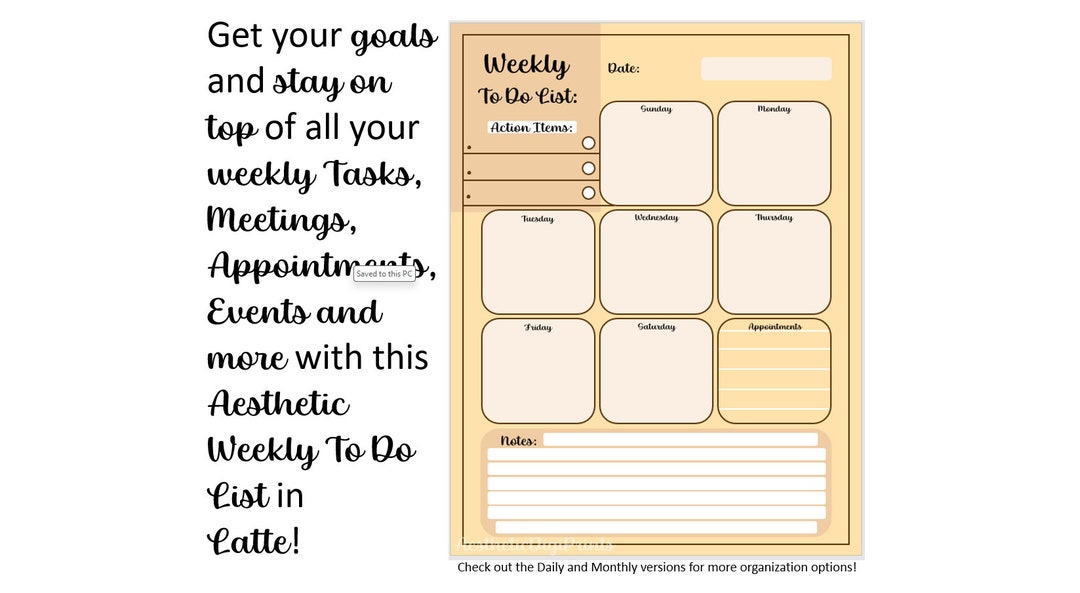 Aesthetic Weekly to Do List Template in Latte beige Digital Download ...