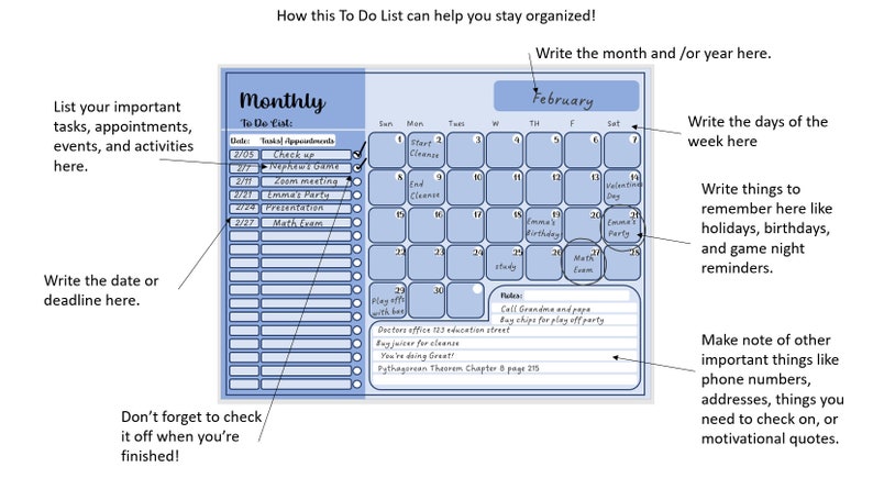 Aesthetic Monthly to Do List Calendar Landscape in Wynter blue Digital ...