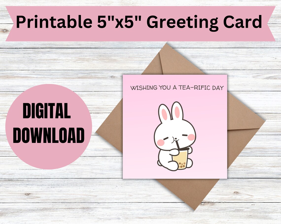 Cute Boba Tea Bunny Card - DIGITAL FILE | Kawaii Boba Tea Card | Cute ...