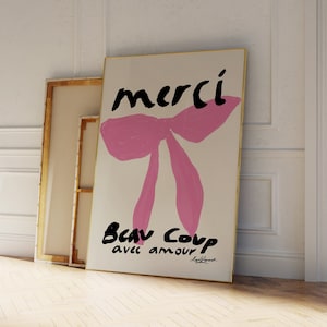 Merci Beau Coup Pink Bow Art Print, Cute Bedroom Decor, Minimalist ...