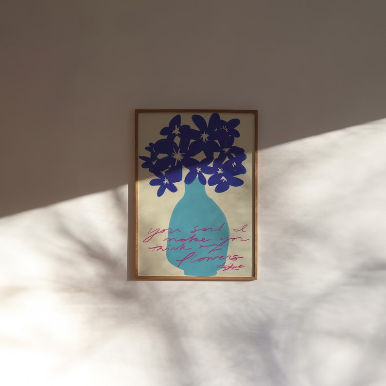 Sweet Reminders Art Print, Blue Flowers Poster, Trendy Vase Print, Blue ...