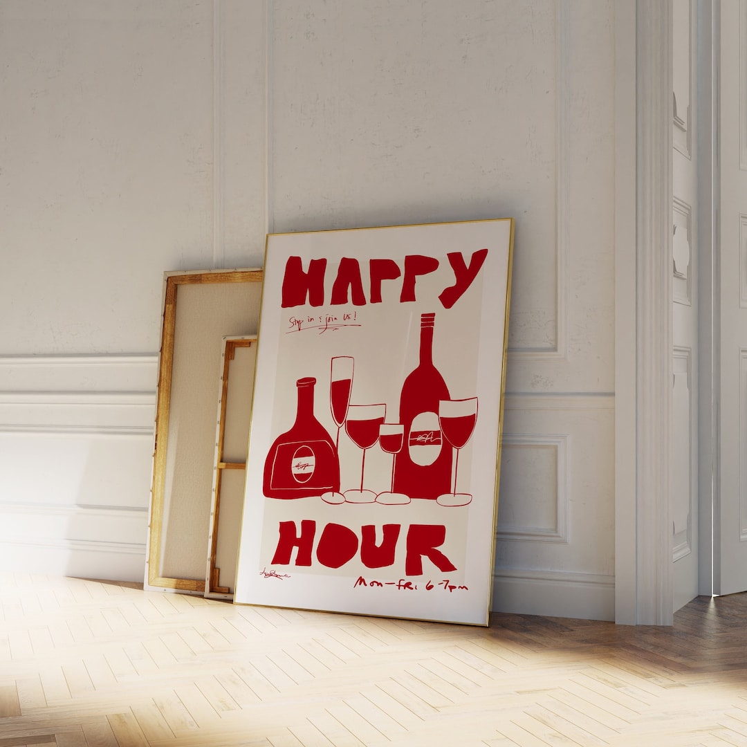Happy Hour Art Print, Hand Drawn Drinks Poster, Retro Bar Cart Art ...