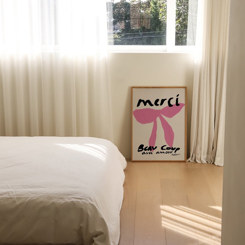 Merci Beau Coup Pink Bow Art Print, Cute Bedroom Decor, Minimalist ...