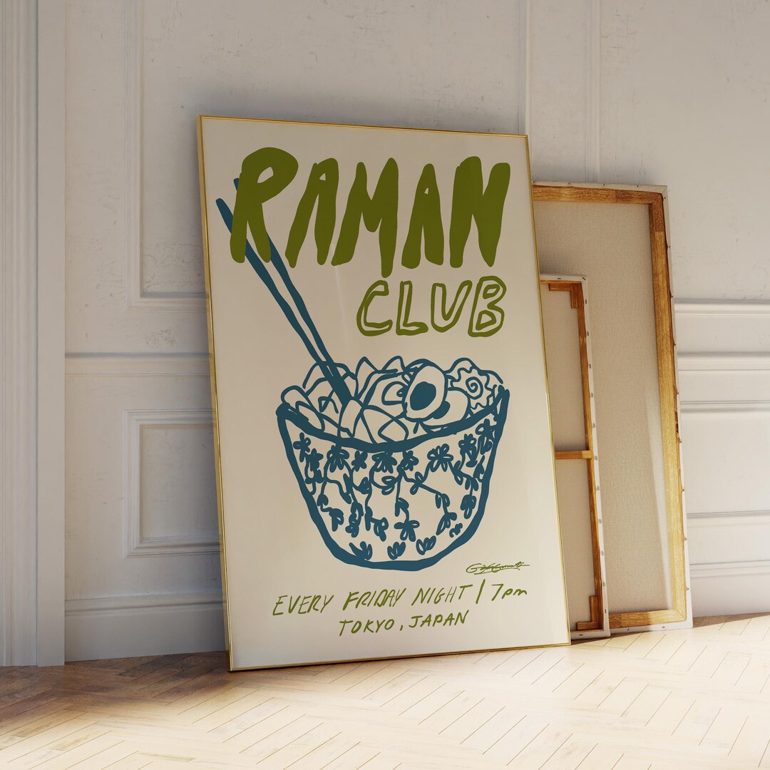 Raman Club Art Print, Vintage Food Art, Retro Kitchen Poster, Hand ...