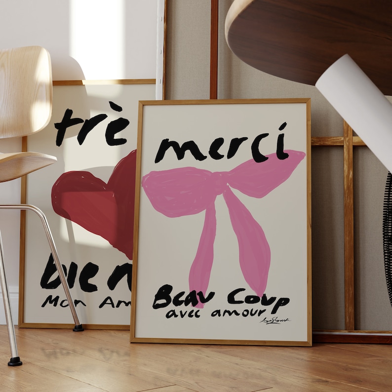 Merci Beau Coup Pink Bow Art Print, Cute Bedroom Decor, Minimalist ...