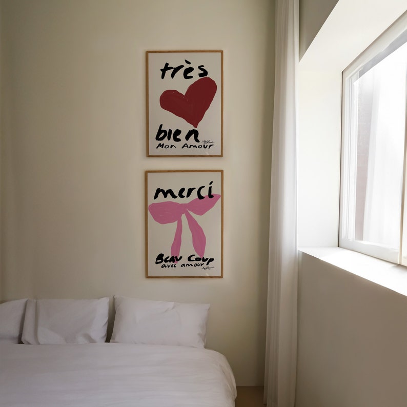 Merci Beau Coup Pink Bow Art Print, Cute Bedroom Decor, Minimalist ...