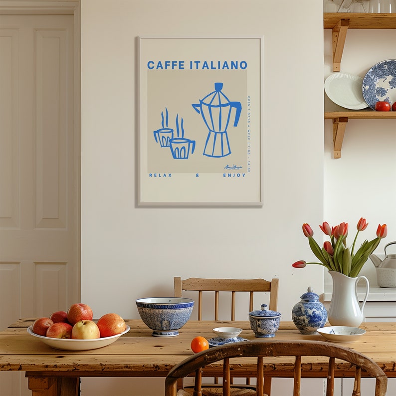 Caffe Italiano Moka Pot Art Print, Coffee Bar Poster, Hand Drawn Coffee ...