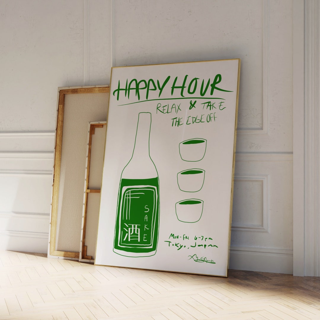 Sake Happy Hour Art Print, Retro Bar/kitchen Poster, Hand Drawn Wine ...