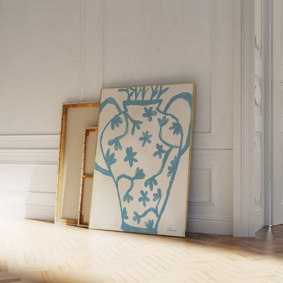 Trendy Blue Vase Art Print, Floral Boho Print, Gallery Wall Print, Vase ...