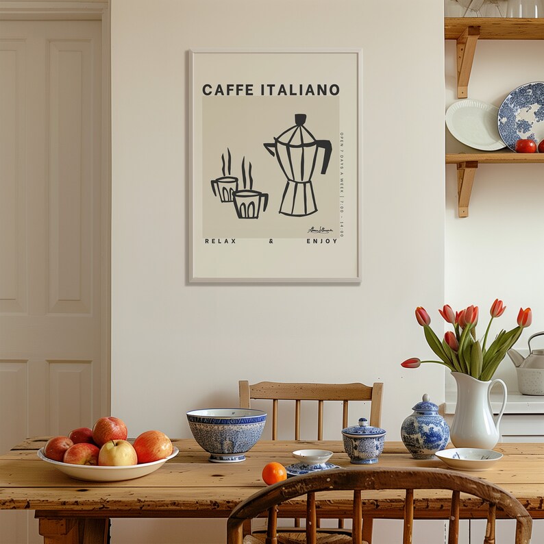 Caffe Italiano Moka Pot Art Print, Coffee Bar Poster, Hand Drawn Coffee ...