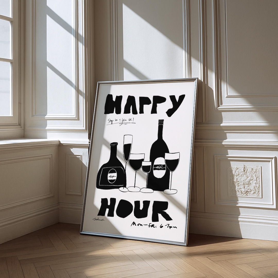 Happy Hour Art Print, Hand Drawn Drinks Poster, Retro Bar Cart Art ...