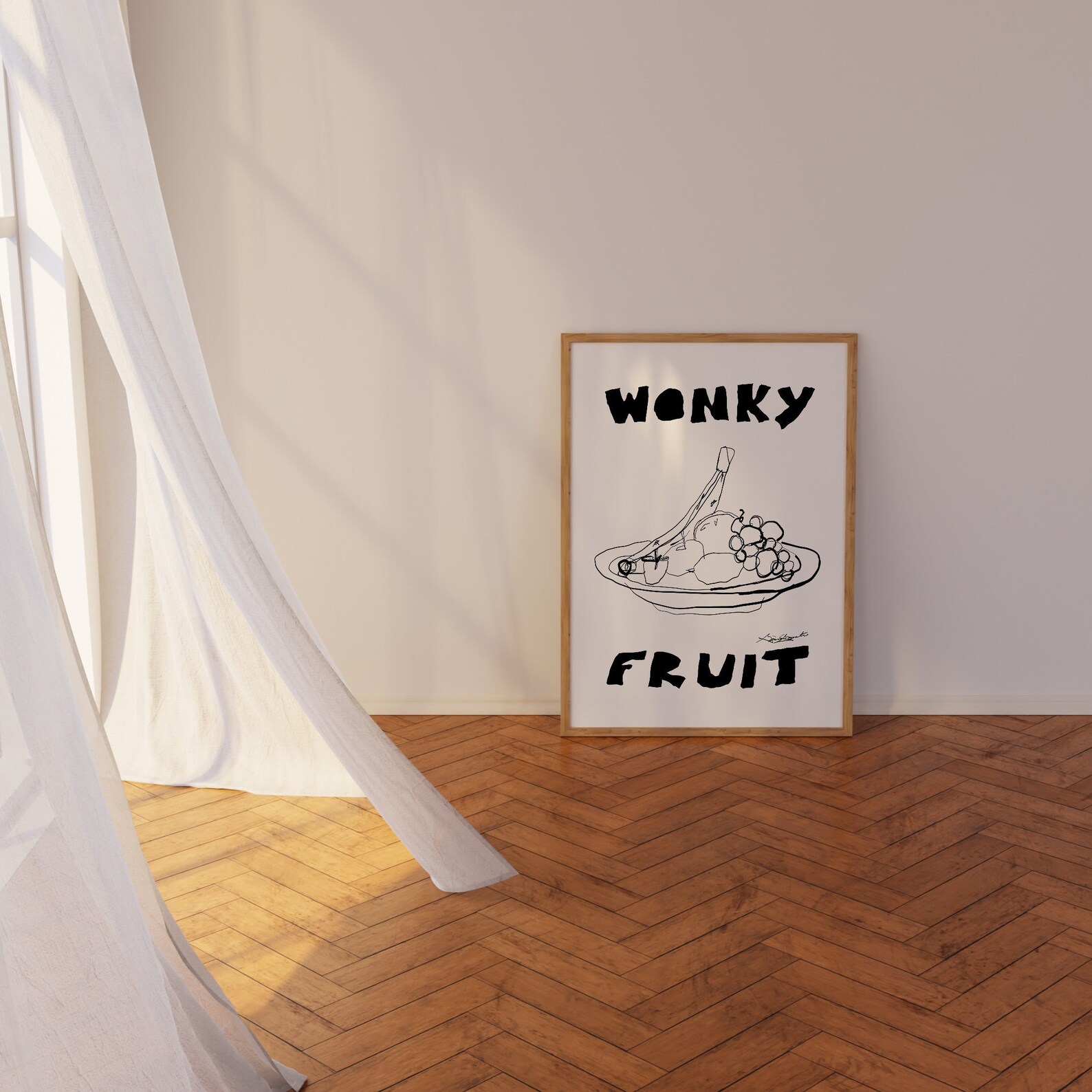 Wonky Fruit B&W Doodle Art Print, Hand Drawn Food Art, Retro Kitchen ...