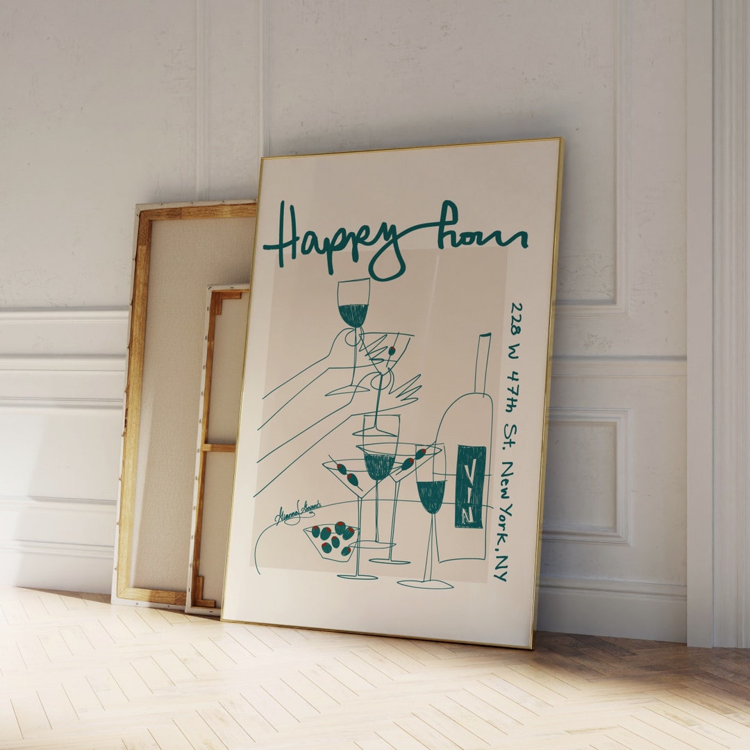 Happy Hour Art Print, Hand Drawn Drinks Poster, Retro Martini Art Print ...