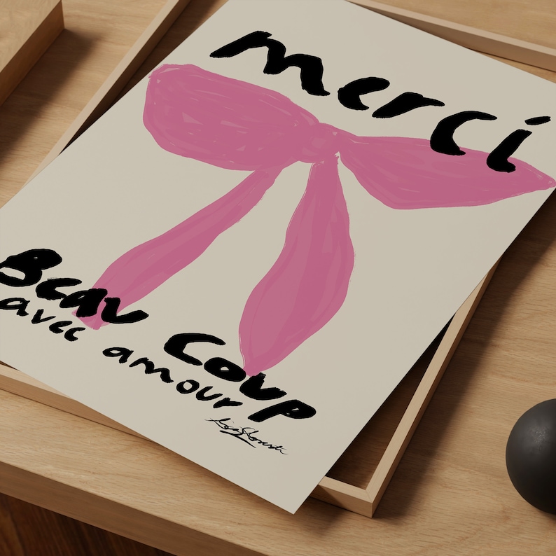 Merci Beau Coup Pink Bow Art Print, Cute Bedroom Decor, Minimalist ...
