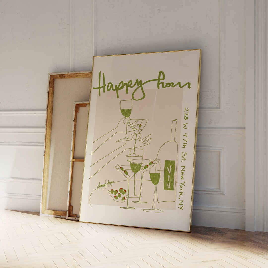 Happy Hour Art Print, Hand Drawn Drinks Poster, Retro Martini Art Print ...