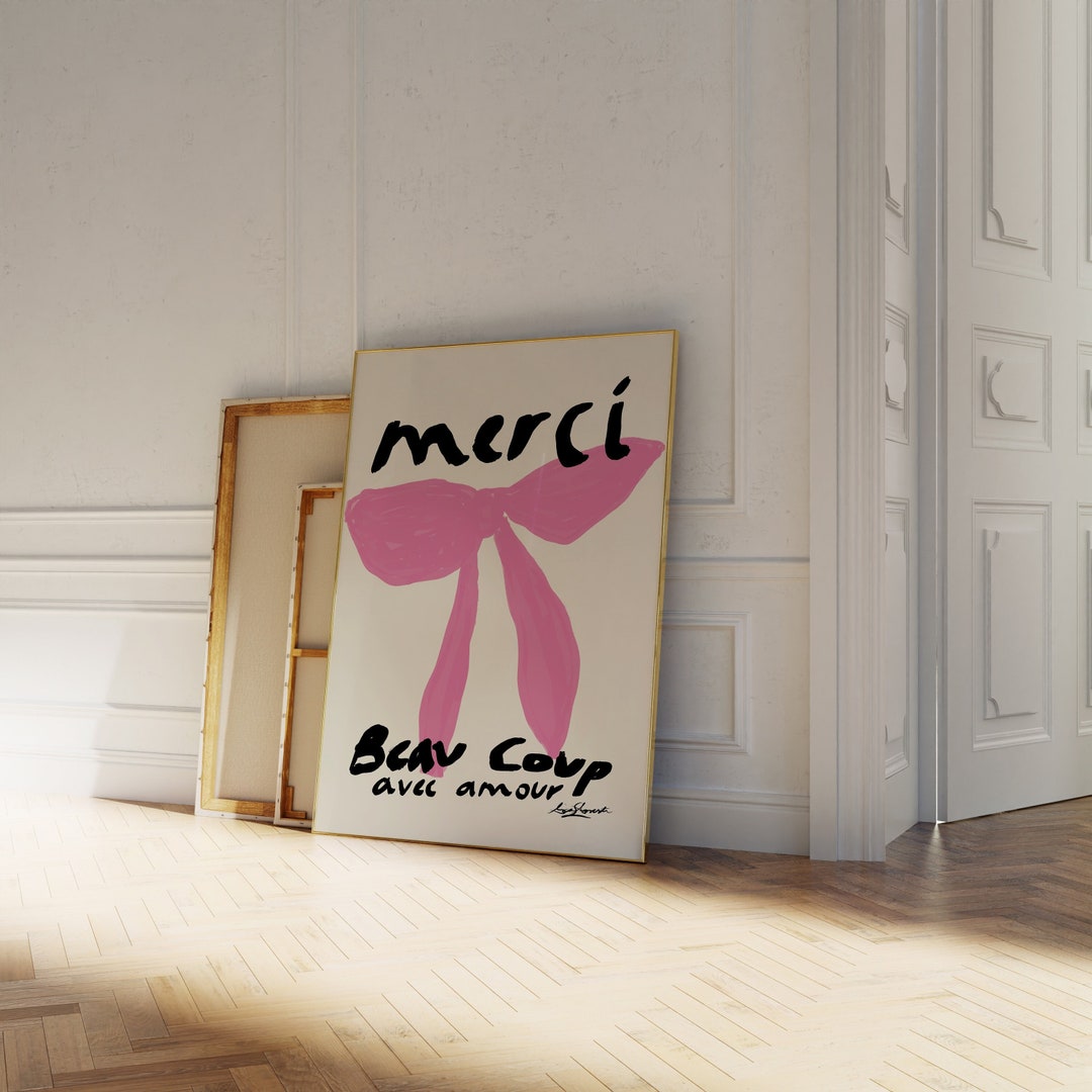 Merci Beau Coup Pink Bow Art Print, Cute Bedroom Decor, Minimalist ...