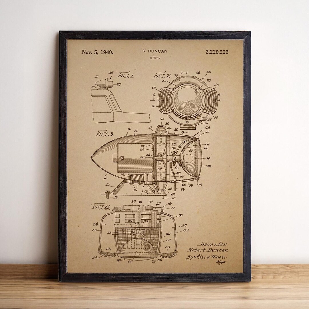 Siren Patent Wood Print Framed Wall Art, Wood Wall Art Decor, Wall ...