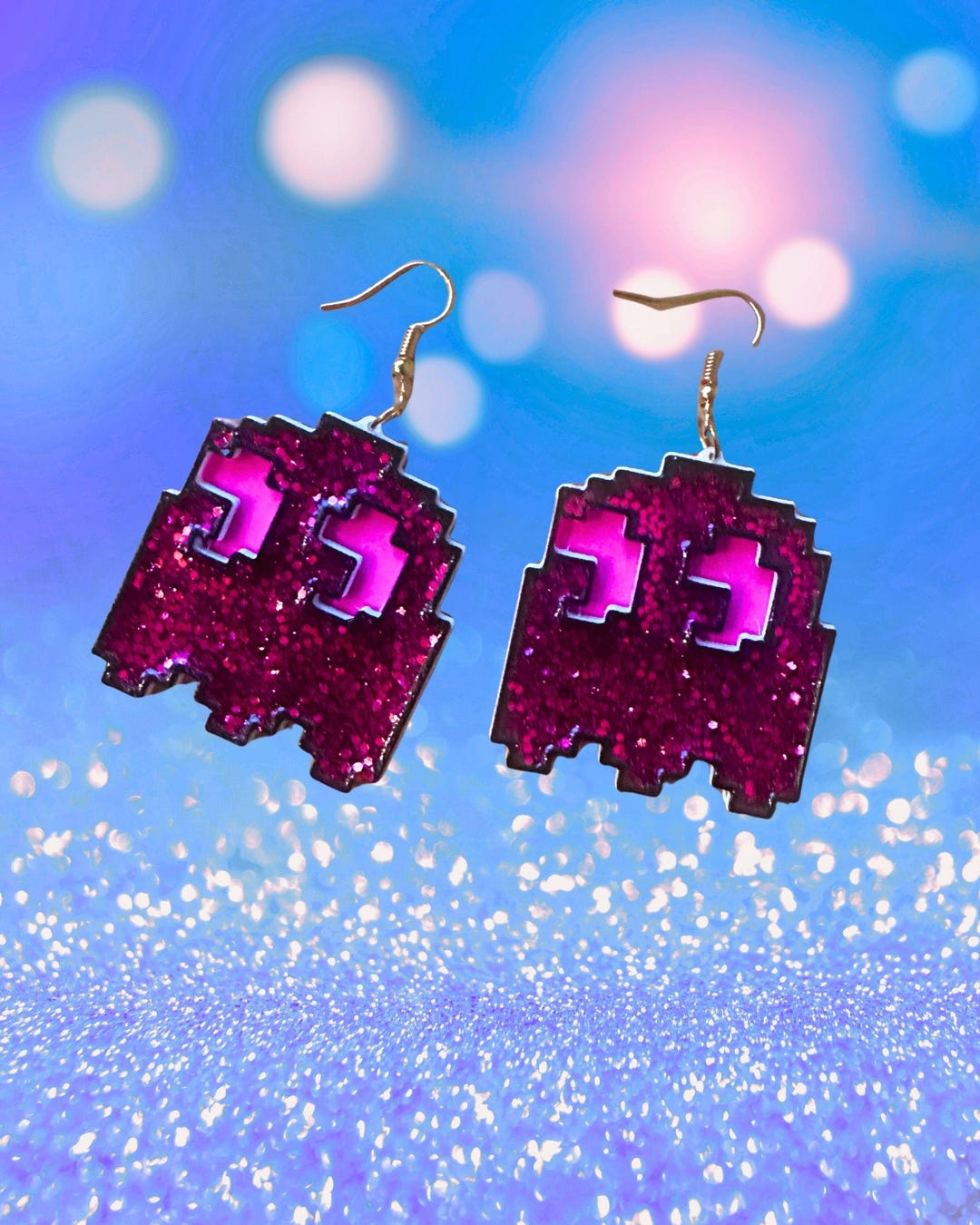 Pink Glitter Pixel Ghost Earrings Retro Gamer Jewellery – Fun Statement ...