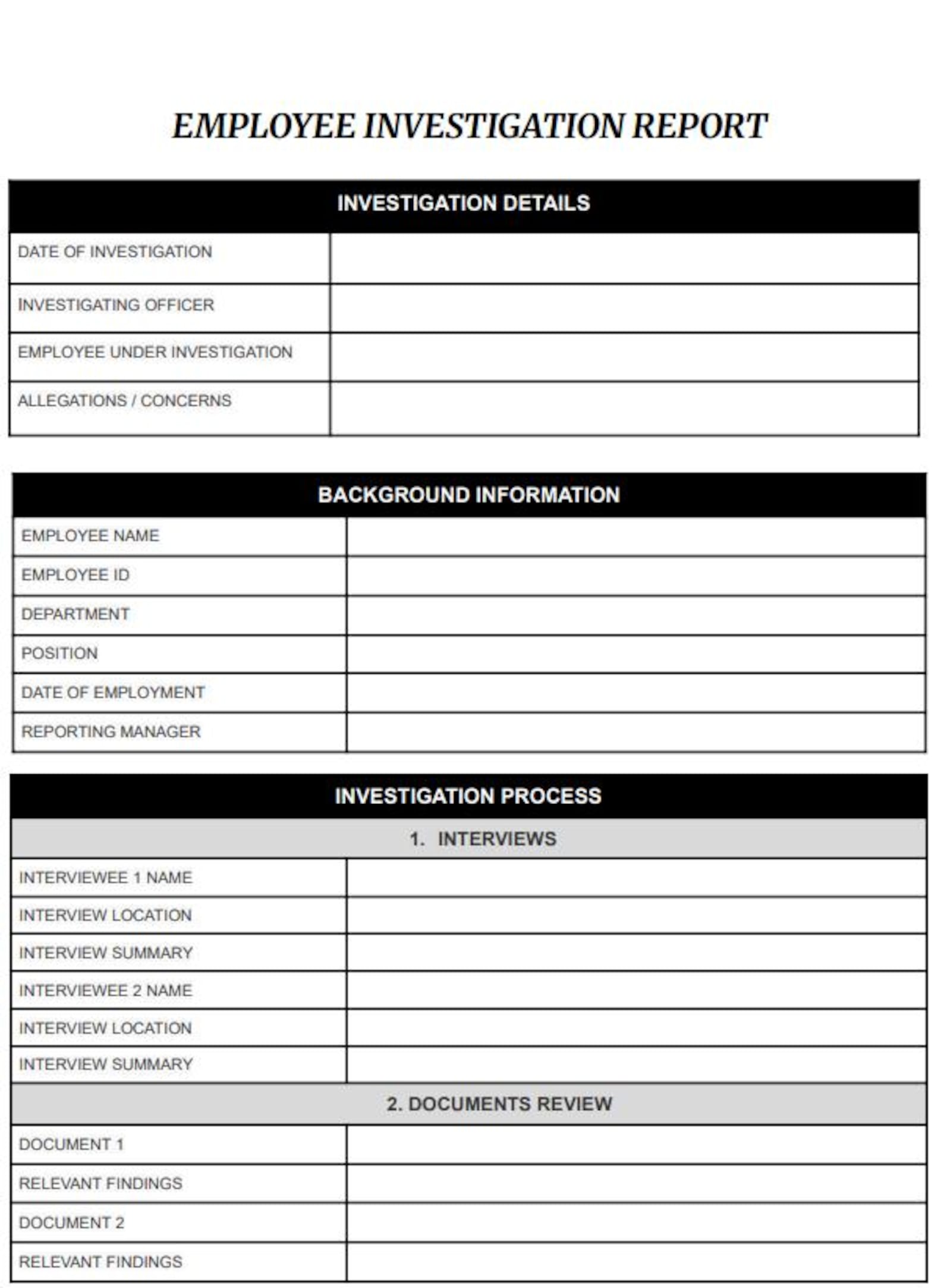 Employee Investigation Report Template, Incident Report Form, HR Policy ...