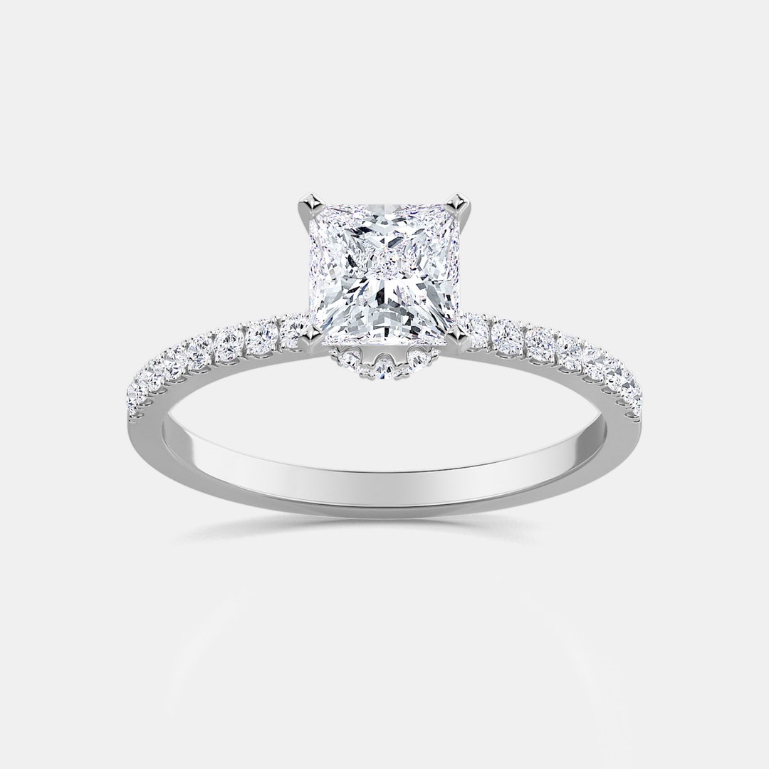 Princess Cut Hidden Halo Solitaire Wedding Ring, 14k White Gold ...