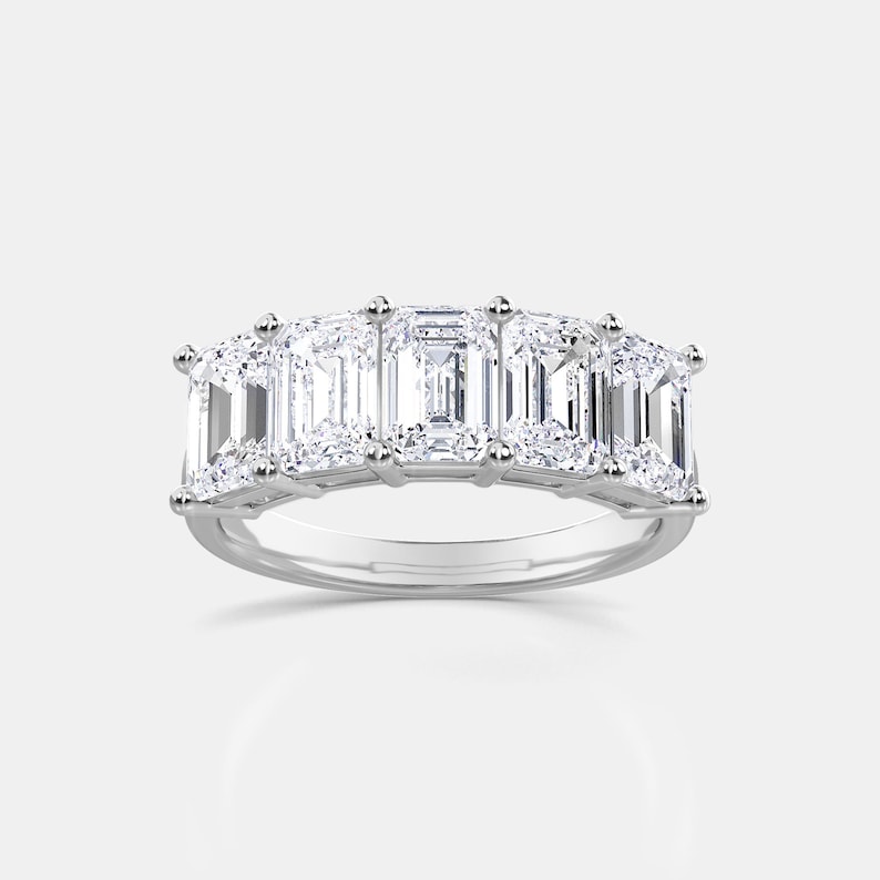 5 Stone Emerald Cut Half Eternity Wedding Ring, 14k White Gold Emerald ...