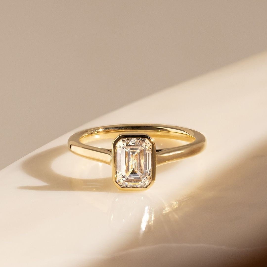 2 CT Emerald Cut Full Bezel Set Wedding Diamond Ring, 14k Yellow Gold ...