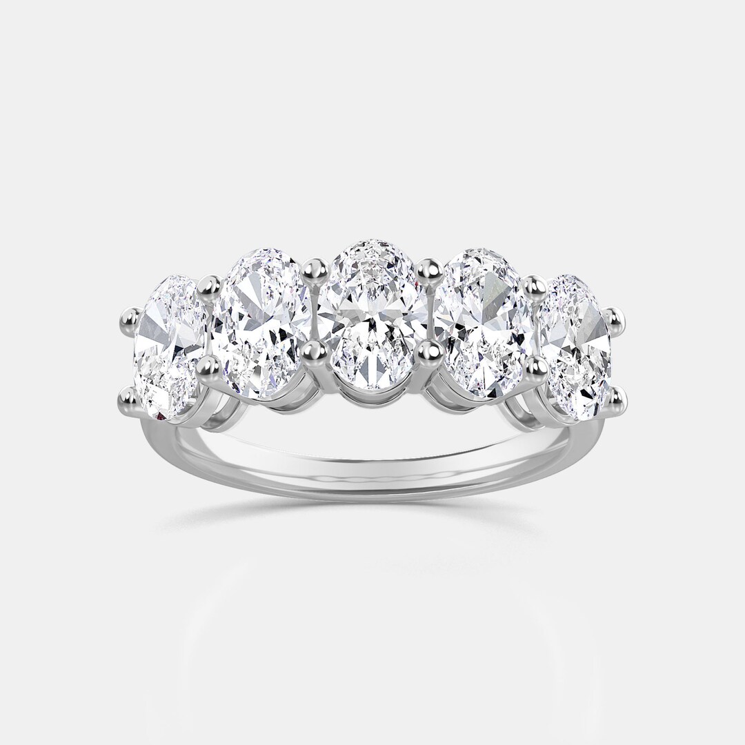 5 Stone Oval Cut Half Eternity Basket Wedding Ring, 14k White Gold Oval ...