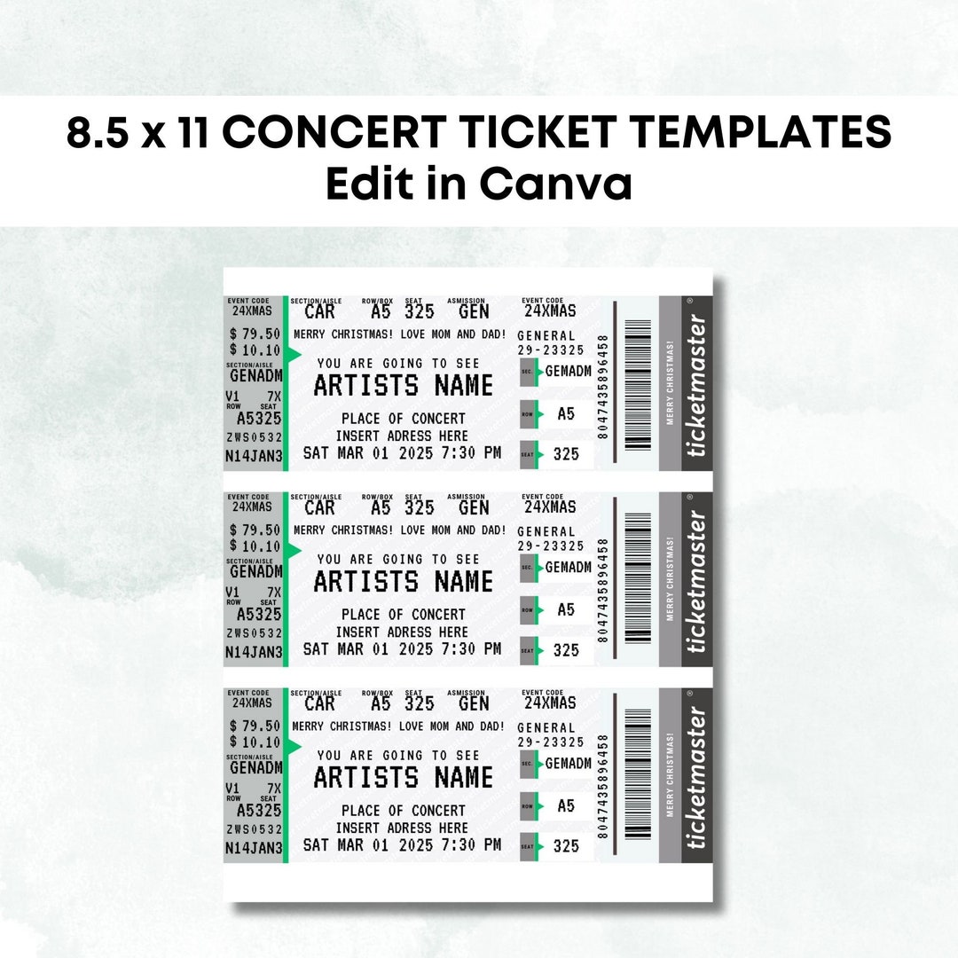 Concert Ticket Template Ticketmaster Design, Concert Ticket Gift, Edit ...