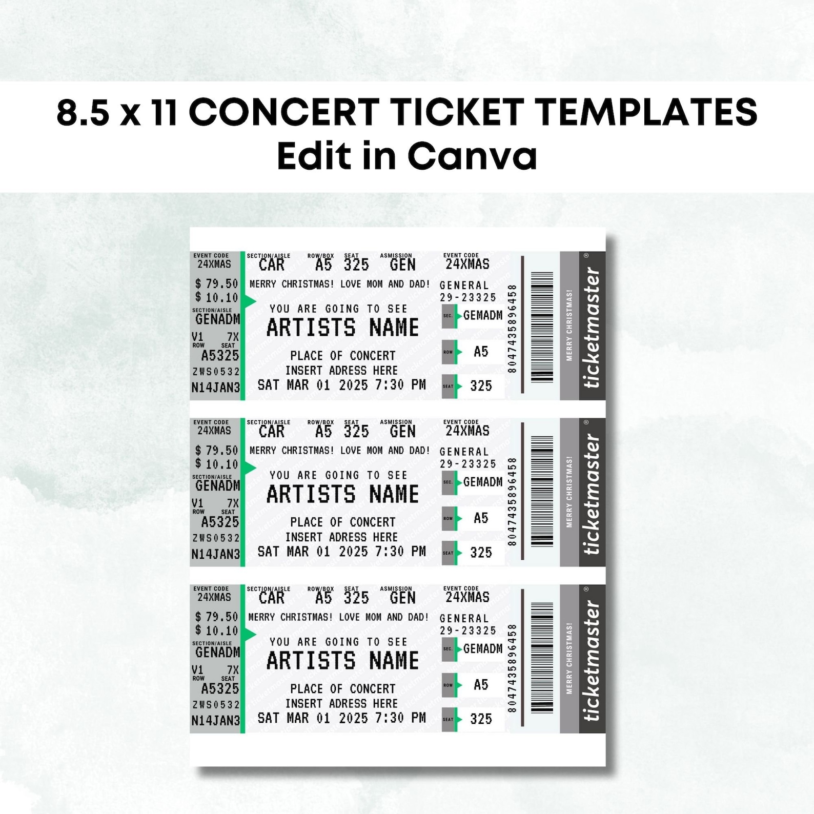 Concert Ticket Template Ticketmaster Design, Concert Ticket Gift, Edit ...