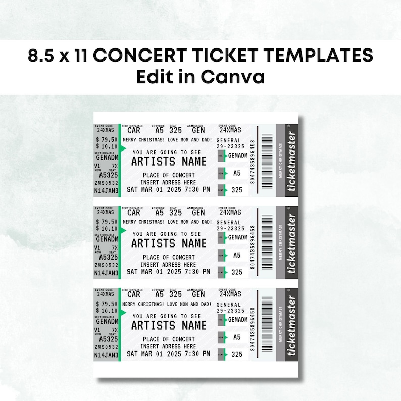 Concert Ticket Template Ticketmaster Design, Concert Ticket Gift, Edit ...