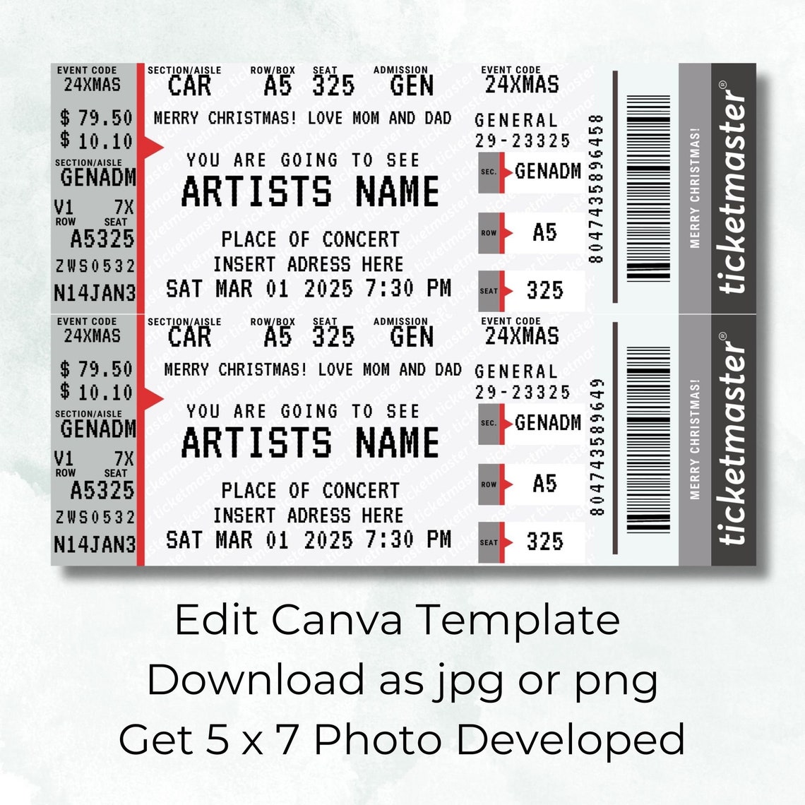 Concert Ticket Template Ticketmaster Design, Concert Ticket Gift, Edit ...