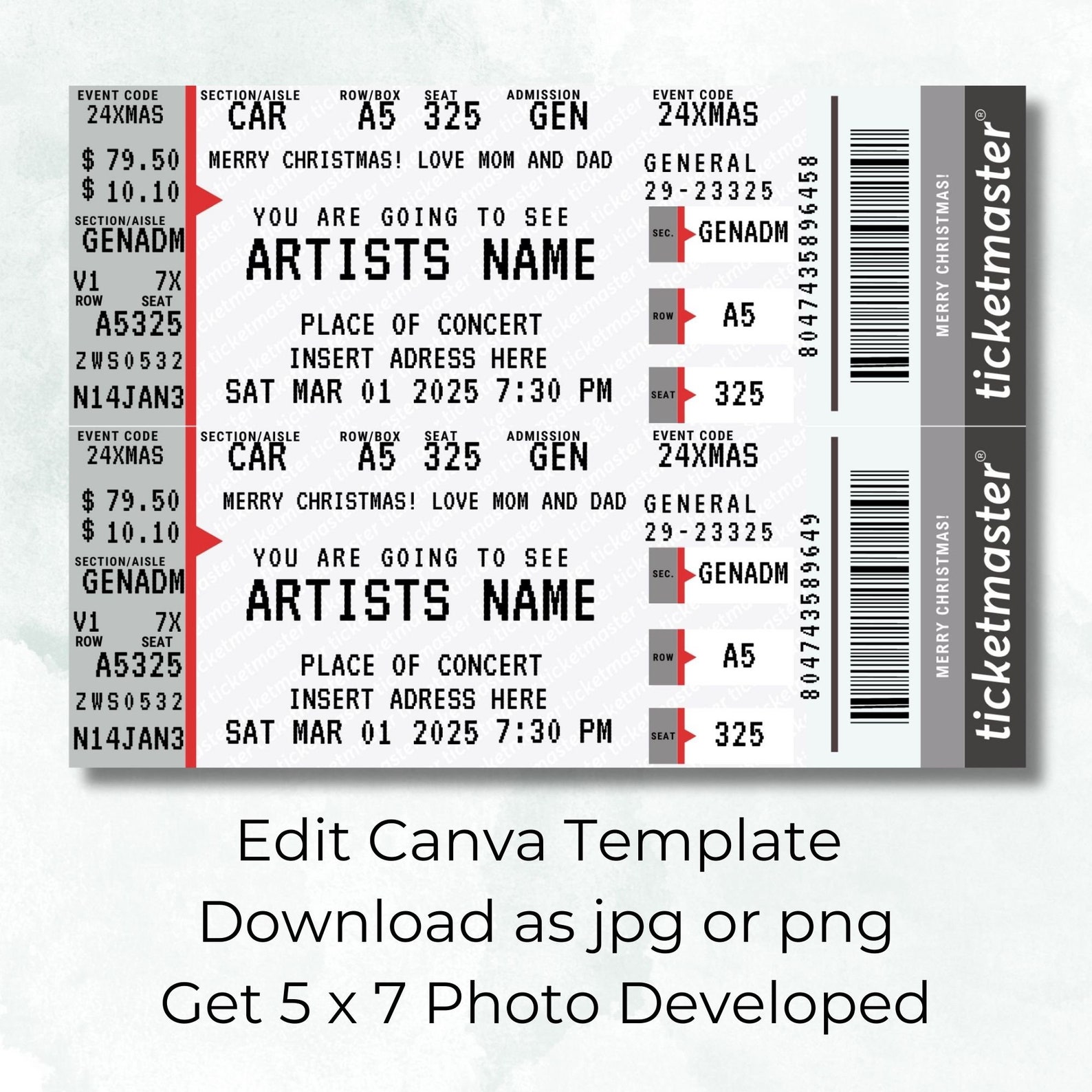 Concert Ticket Template Ticketmaster Design, Concert Ticket Gift, Edit ...