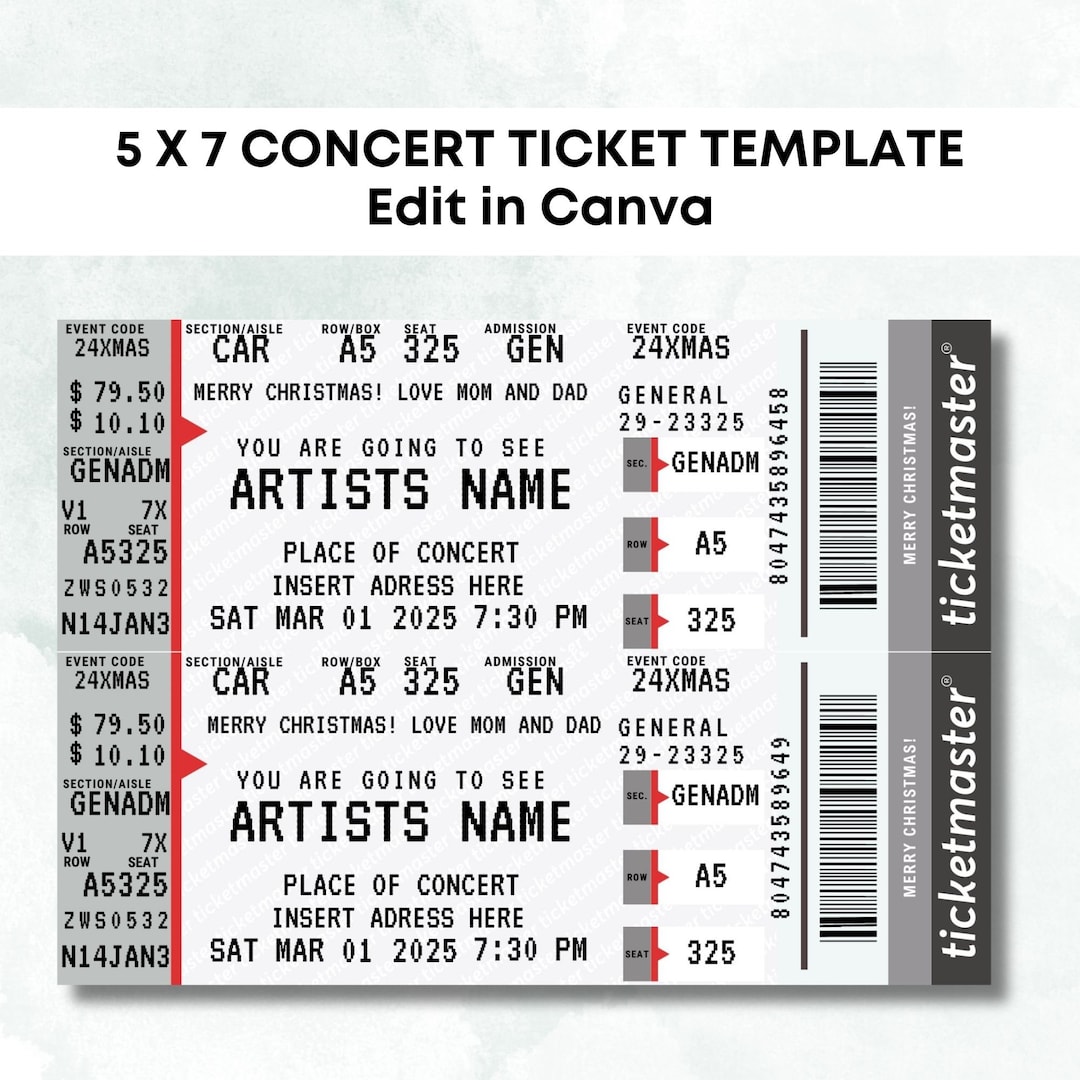 Concert Ticket Template Ticketmaster Design, Concert Ticket Gift, Edit in Canva, - Etsy
