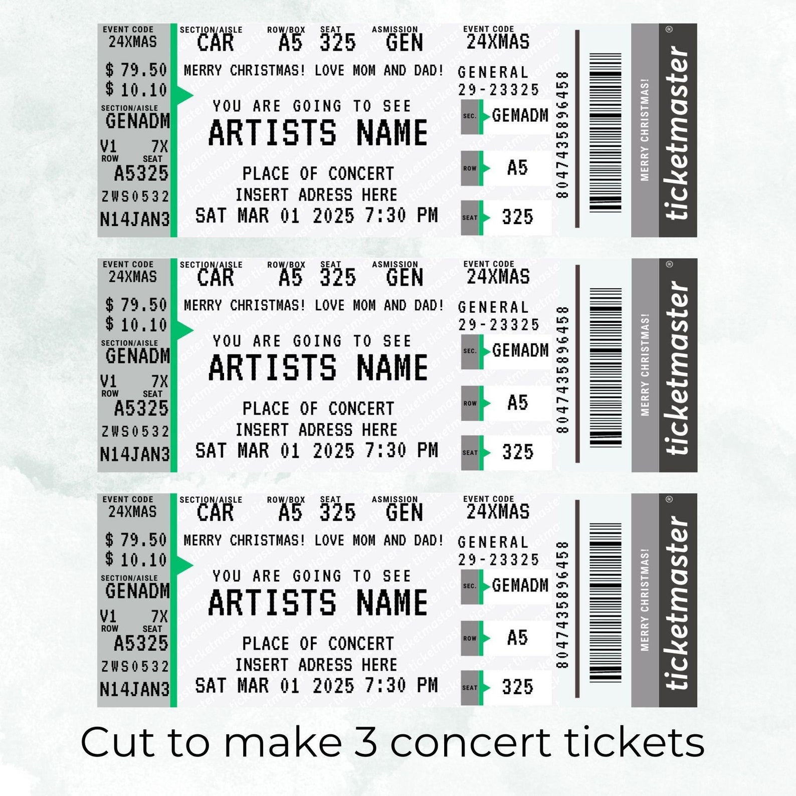 Concert Ticket Template Ticketmaster Design, Concert Ticket Gift, Edit ...