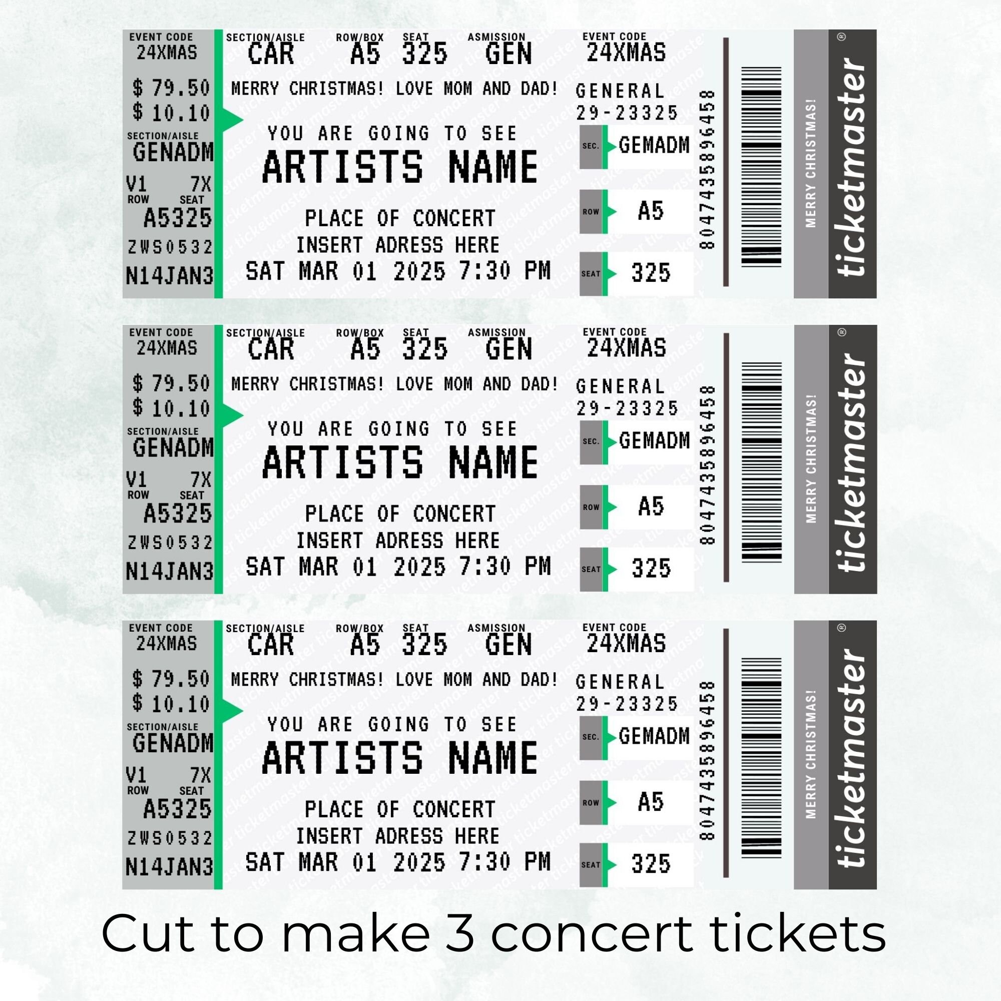Concert Ticket Template Ticketmaster Design, Concert Ticket Gift, Edit ...