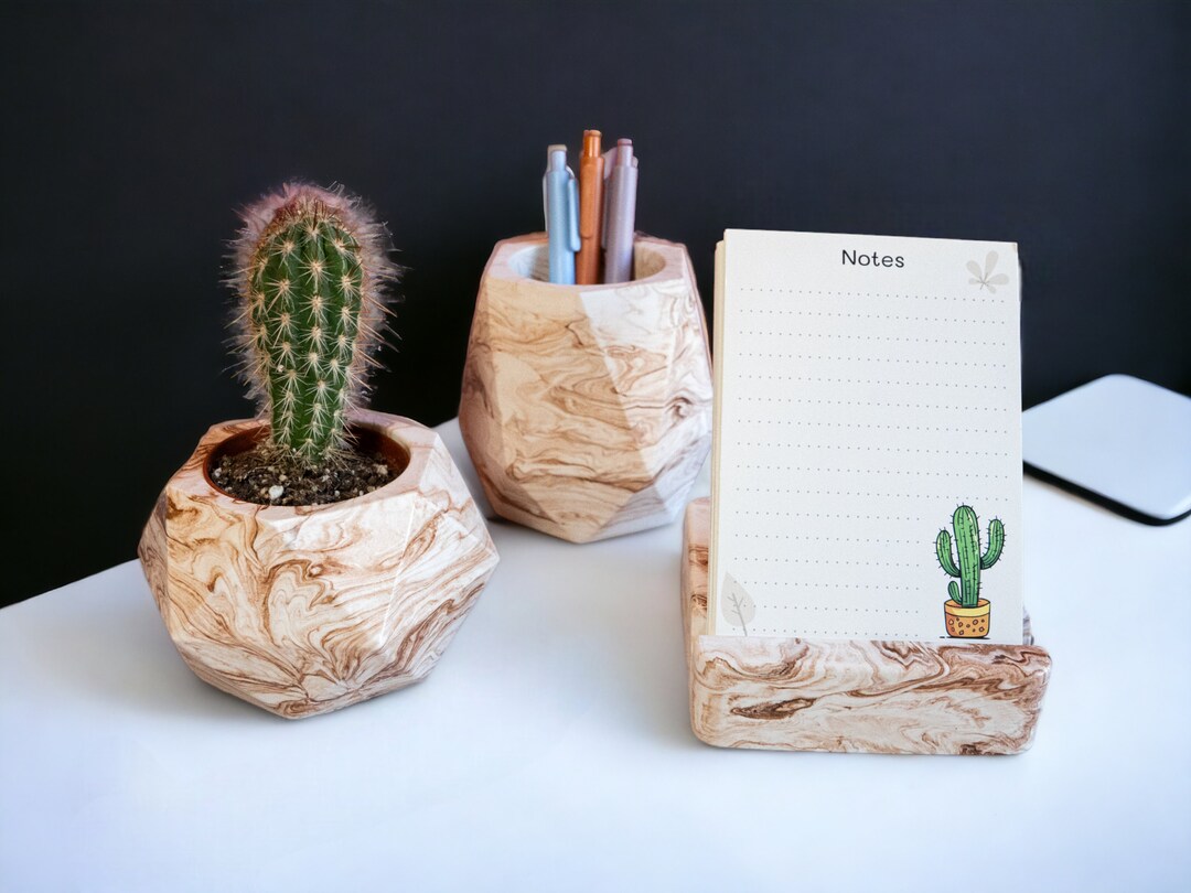 Office Desk Set of 3, Concrete Planter, Pen Holder, Phone Stand, Card ...