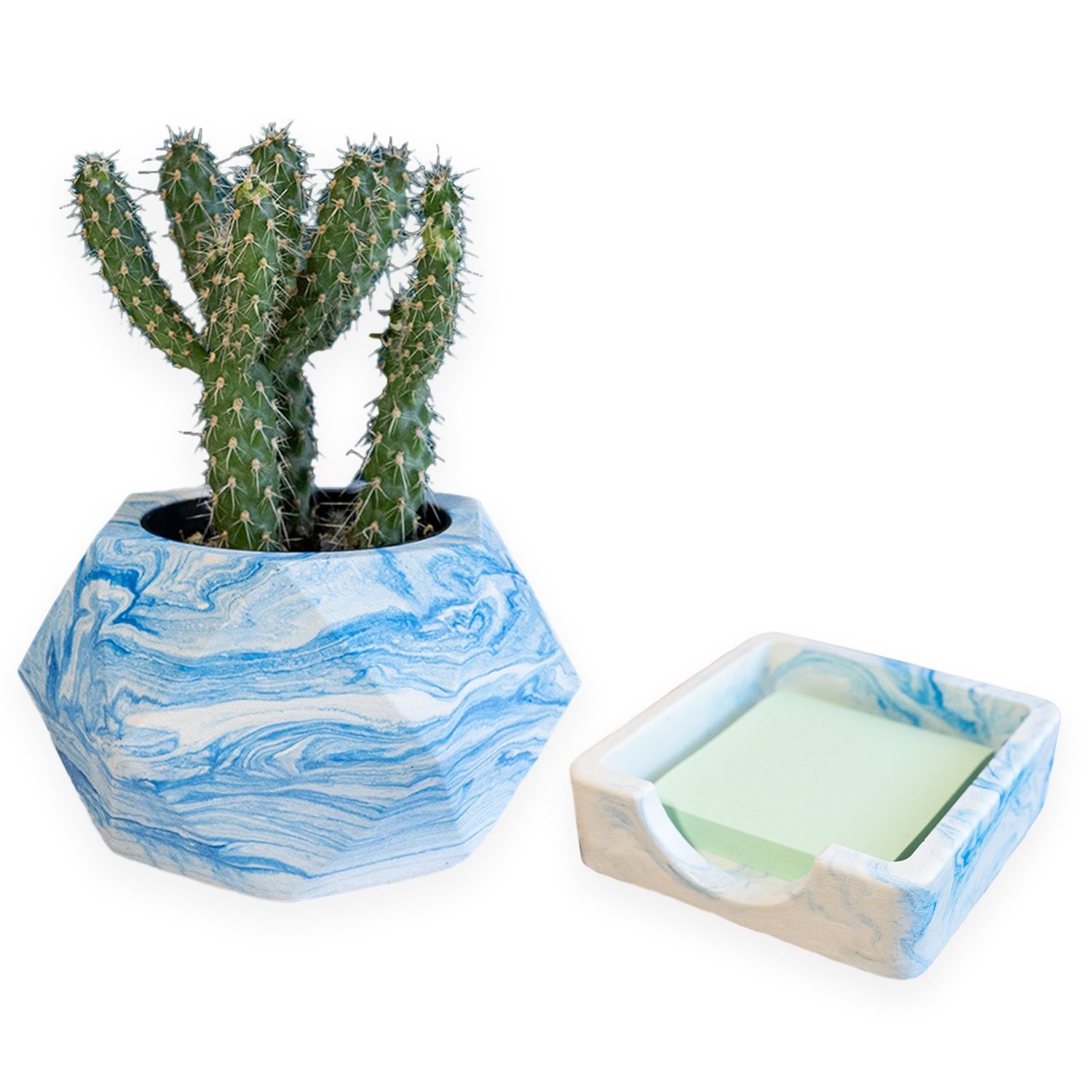 Desk Set of 2 - Planter and Sticky Note Holder - Concrete Cactus Plant ...