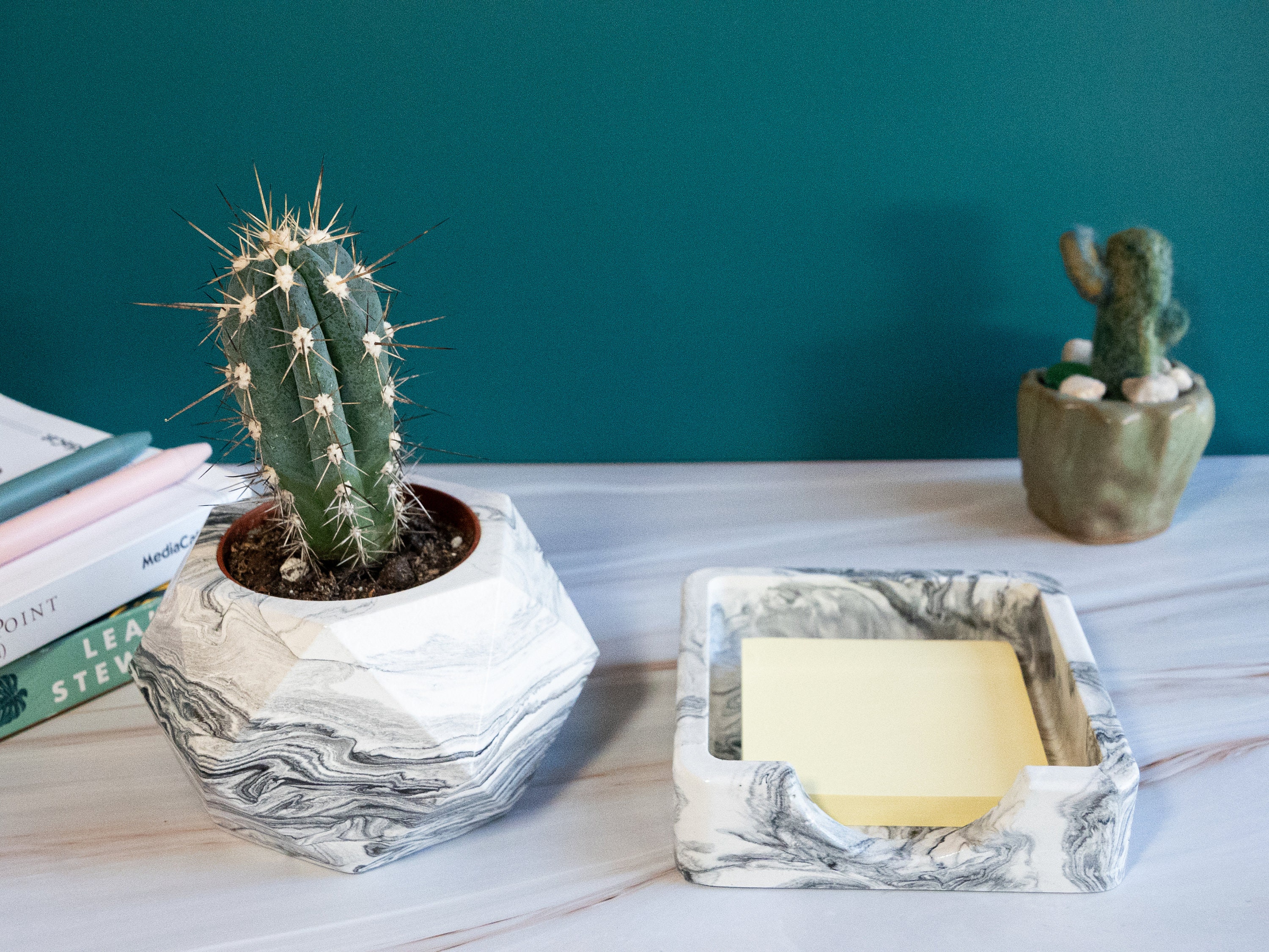 Desk Set of 2 - Planter and Sticky Note Holder - Concrete Cactus Plant ...