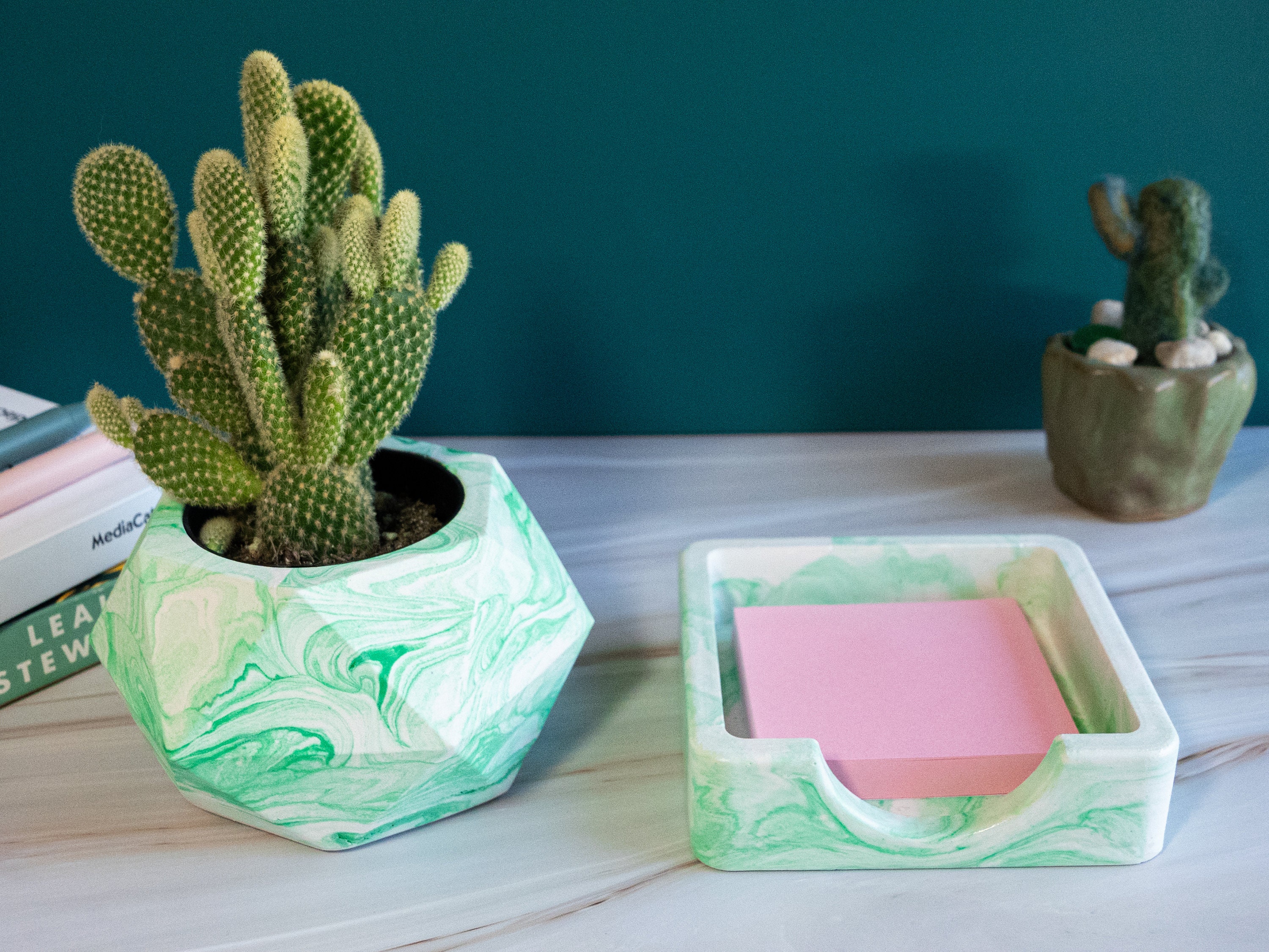 Desk Set of 2 - Planter and Sticky Note Holder - Concrete Cactus Plant ...