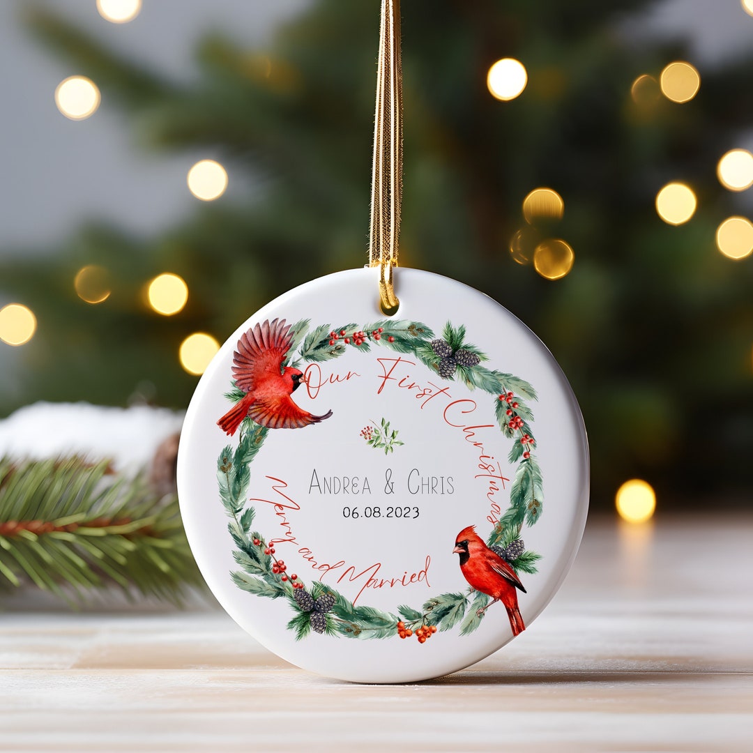 Personalized Cardinal First Christmas Married and Merry Ornament ...