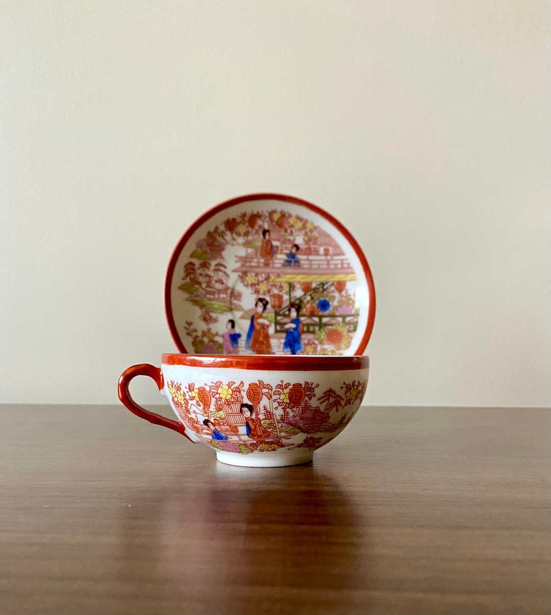 Antique Japanese Kutani Geisha Tea cup and Saucer / Very Fine Eggshell ...