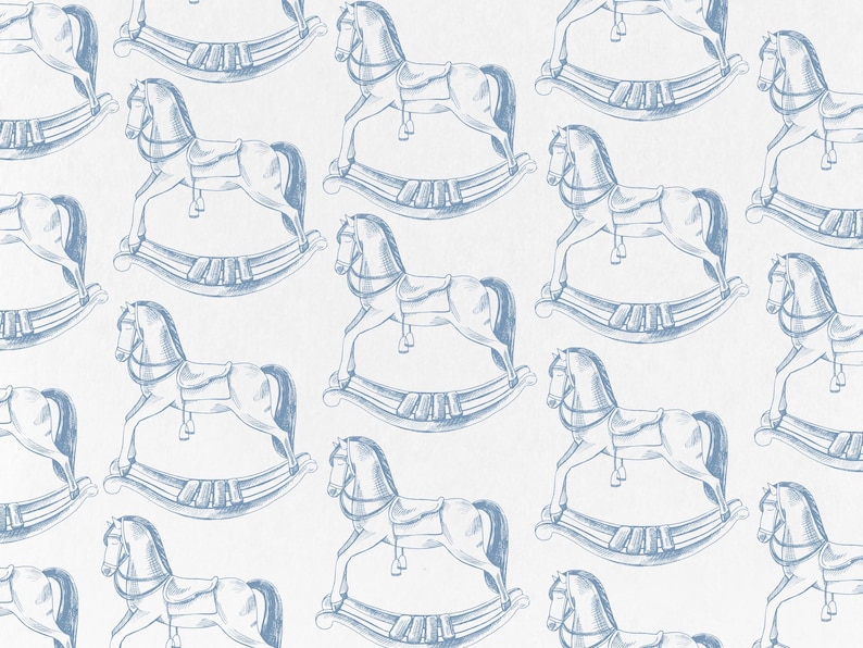 Rocking Horse, Teddy Bear, Hot Air Balloon and Cloud Blue Toile De Jouy ...